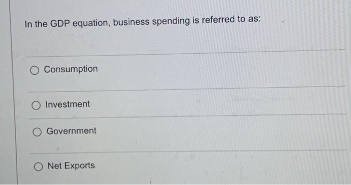 Solved In the GDP equation, business spending is referred to | Chegg.com