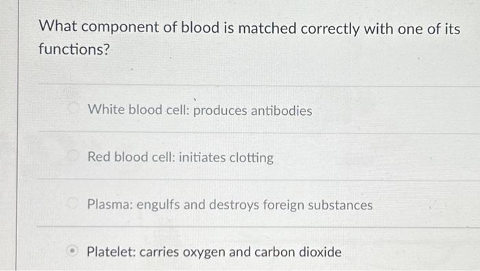 Solved What component of blood is matched correctly with one | Chegg.com