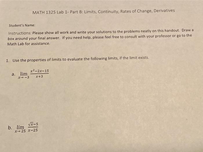 Solved MATH 1325 Lab 1- Part B: Limits, Continuity, Rates of | Chegg.com