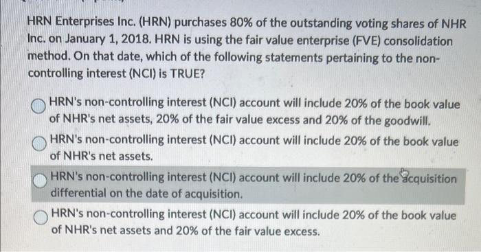 Solved HRN Enterprises Inc. (HRN) purchases 80% of the | Chegg.com