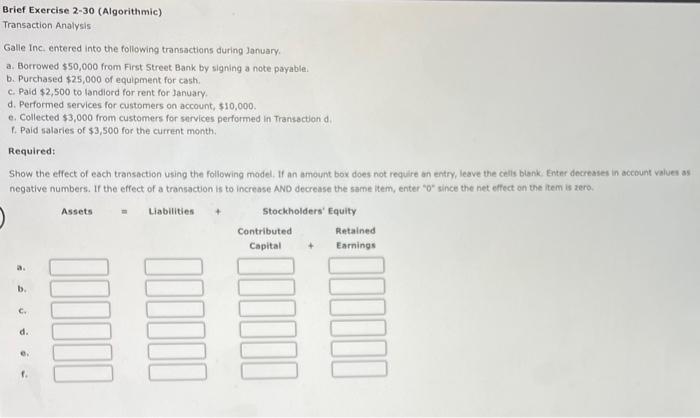 Solved Brief Exercise 2-30 (Algorithmic) Transaction | Chegg.com