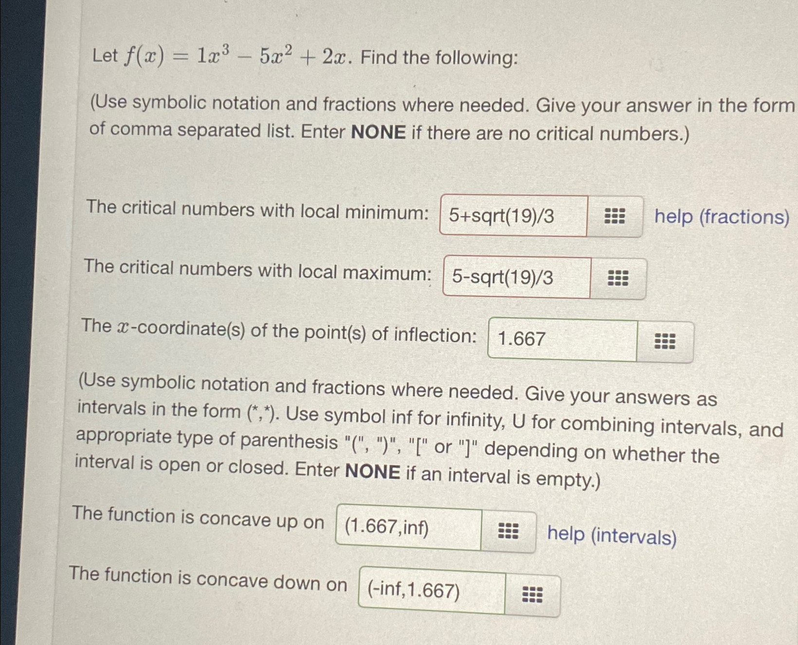 Solved Let f(x)=1x3-5x2+2x. ﻿Find the following:(Use | Chegg.com