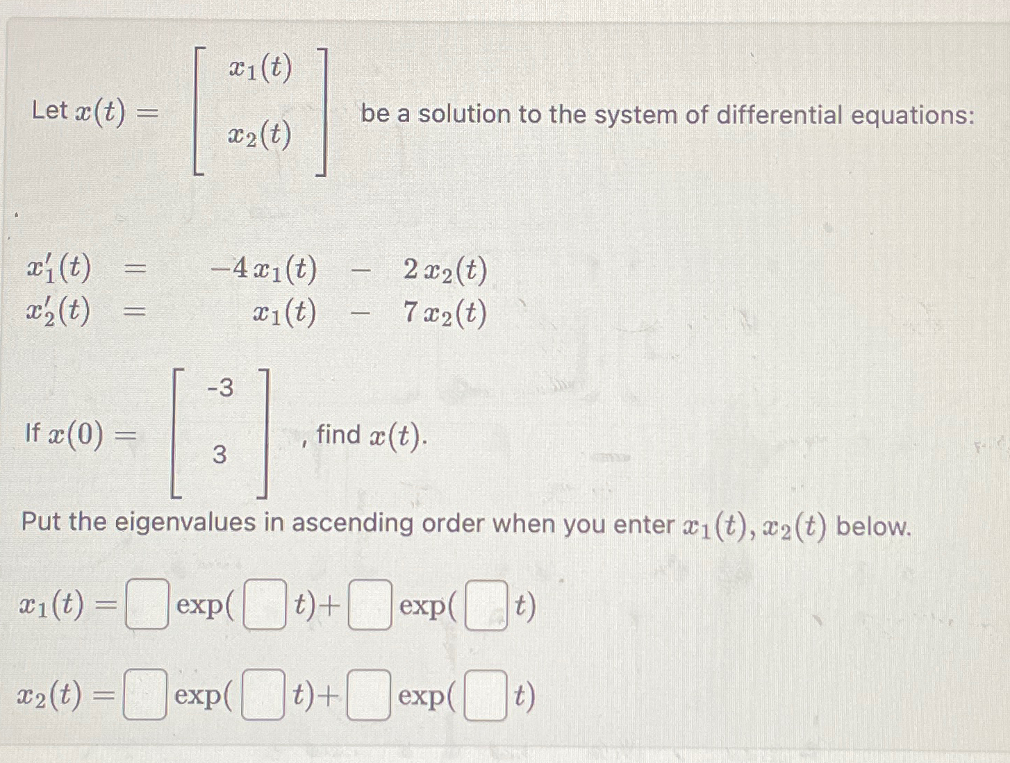Solved Let x(t)=[x1(t)x2(t)] ﻿be a solution to the system of | Chegg.com