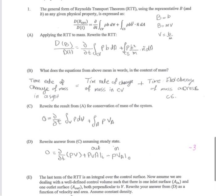 Solved 1. The general form of Reynolds Transport Theorem | Chegg.com