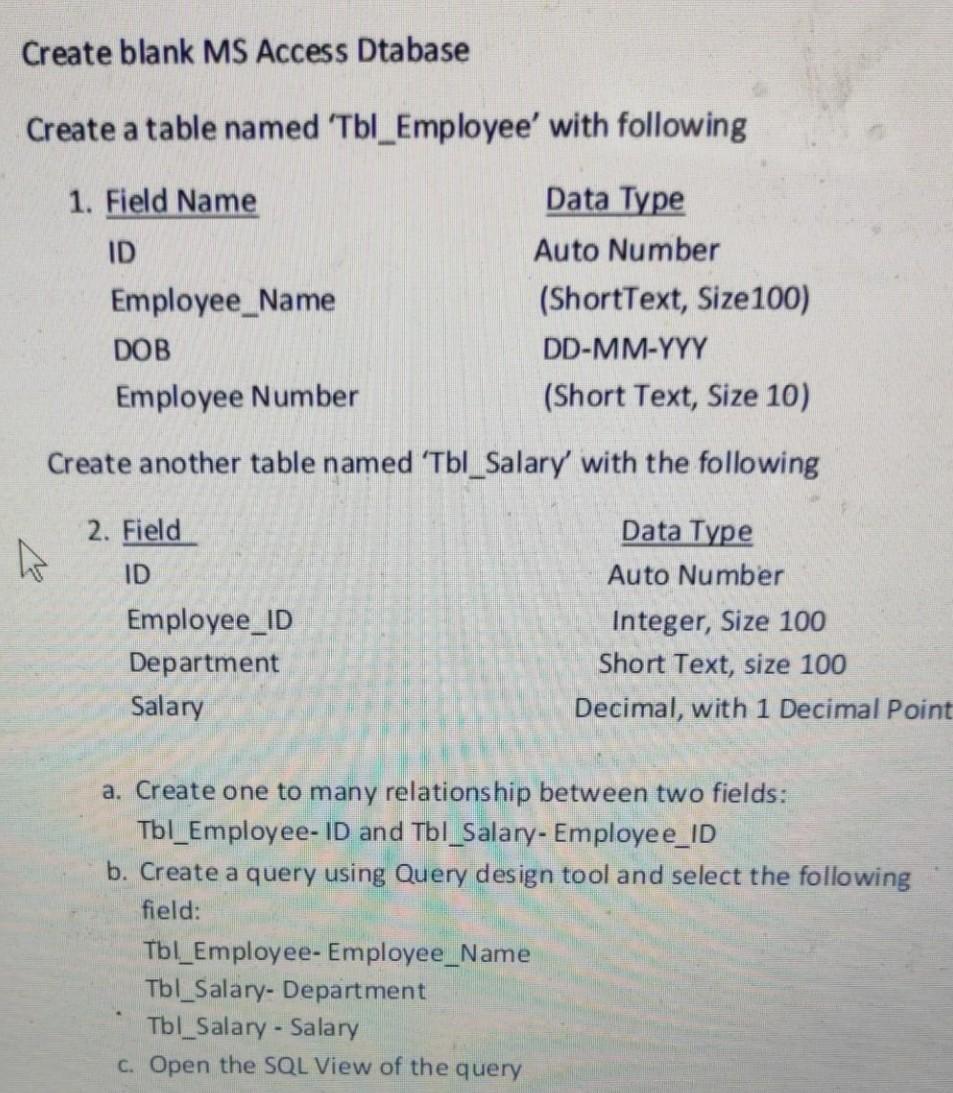 Solved Create blank MS Access Dtabase Create a table named | Chegg.com