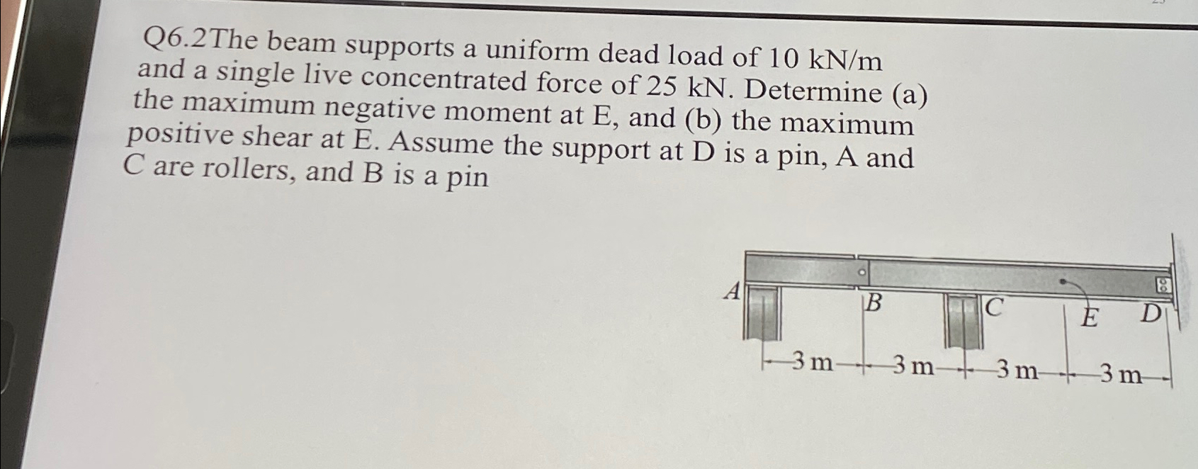 Solved Q6.2The beam supports a uniform dead load of 10kNm | Chegg.com