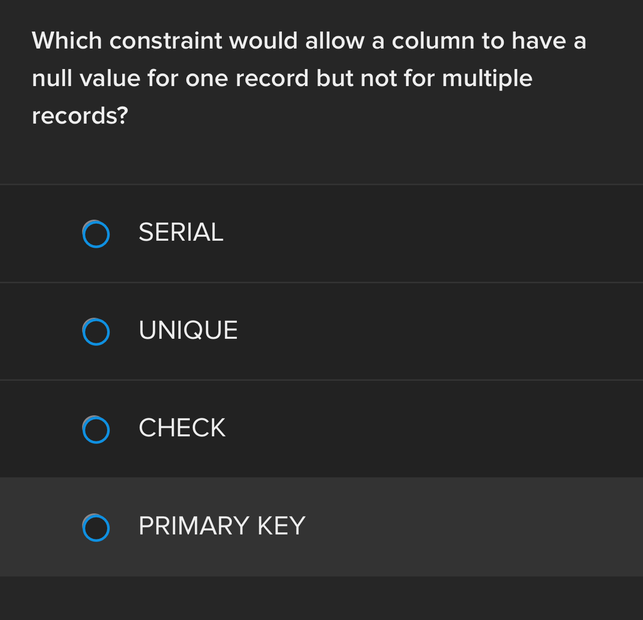 Solved Which constraint would allow a column to have a null | Chegg.com