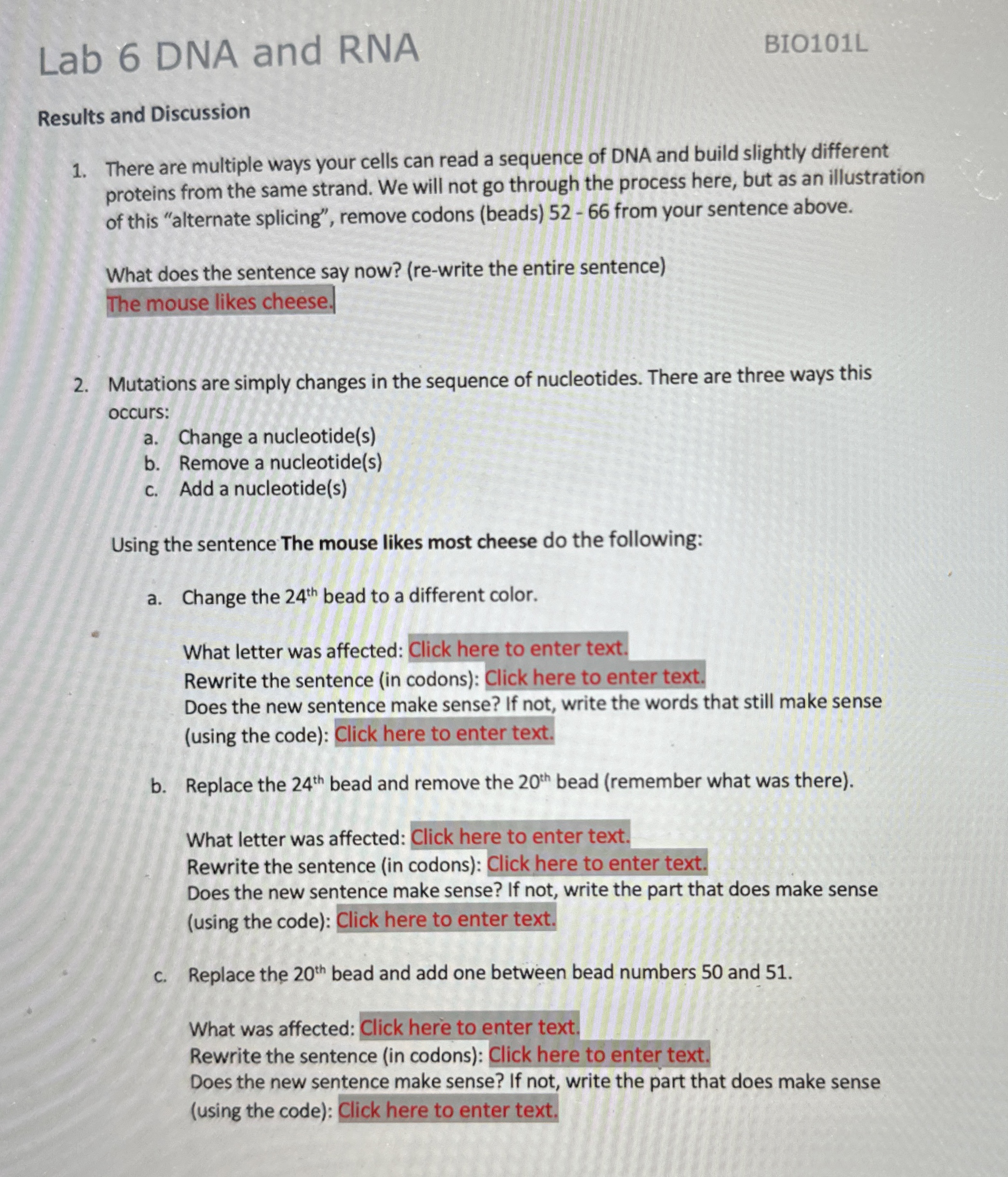 Solved Lab 6 ﻿DNA and RNABIO101LResults and DiscussionThere | Chegg.com