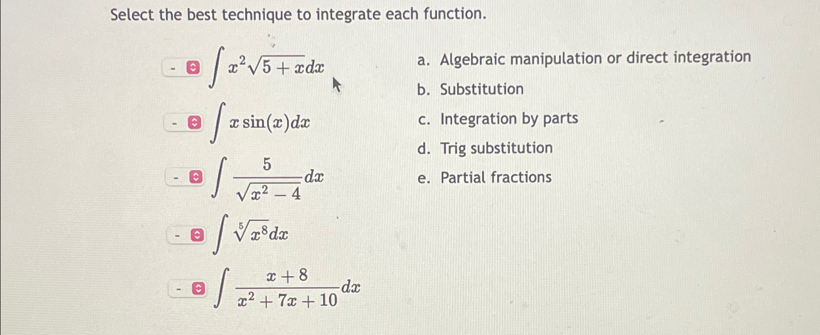 Solved Select the best technique to integrate each | Chegg.com