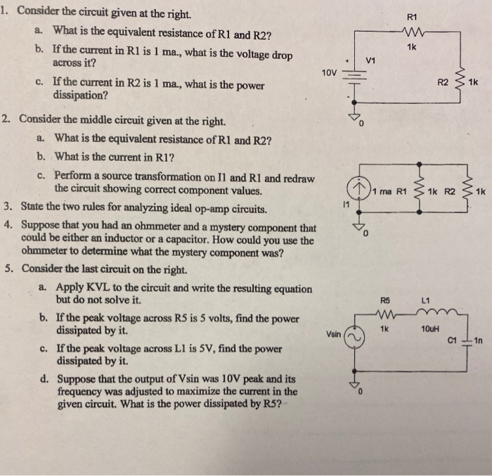 Solved R1 1k V1 10V = R2 1k 1 ma R1 1k R2 1k 1. Consider the | Chegg.com