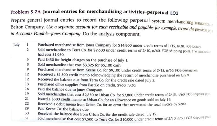 Solved Problem 5-2A Journal entries for merchandising | Chegg.com