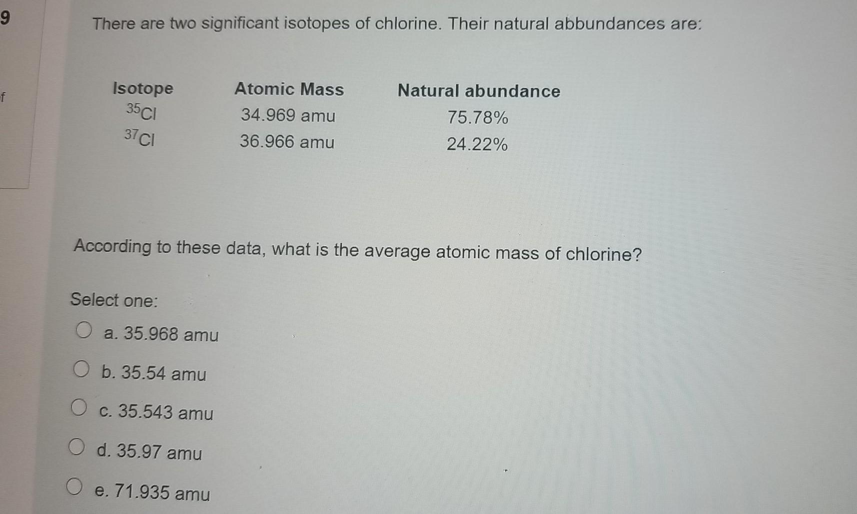 Solved 9 There are two significant isotopes of chlorine. | Chegg.com