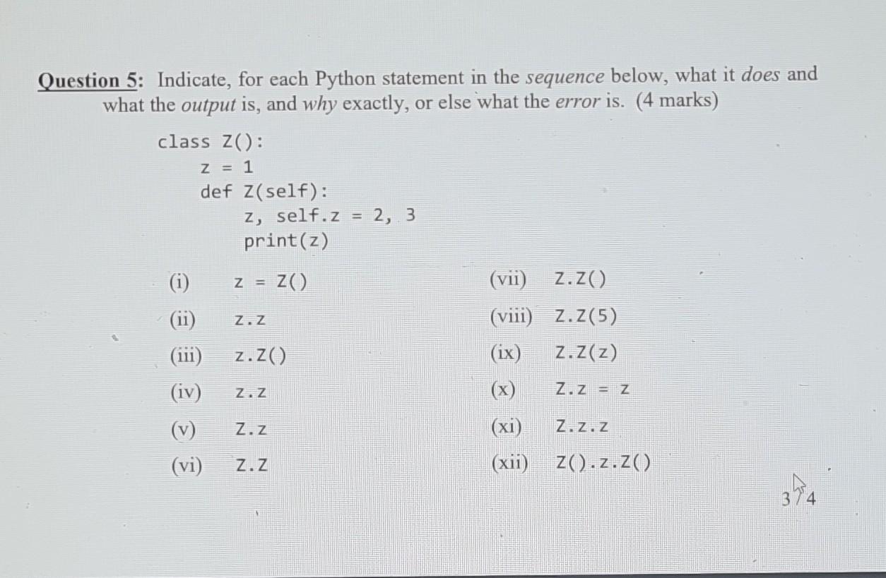 Solved Question 5: Indicate, for each Python statement in | Chegg.com