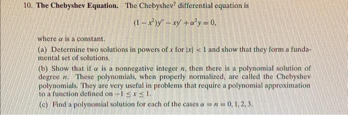 Solved 10. The Chebyshev Equation. The Chebyshey | Chegg.com