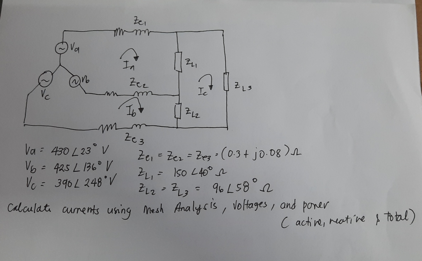 solve Ia, ﻿Ib, ﻿Ic using Mesh Analysis | Chegg.com