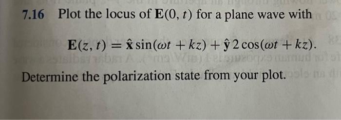 Solved 7.16 Plot the locus of E(0,t) for a plane wave with | Chegg.com