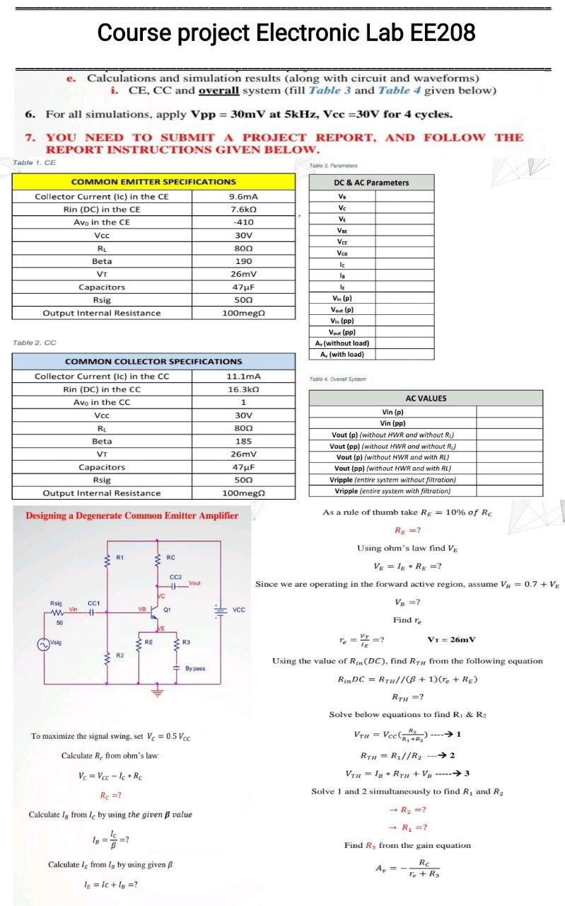 Solved Course project Electronic Lab EE208 e. Calculations | Chegg.com