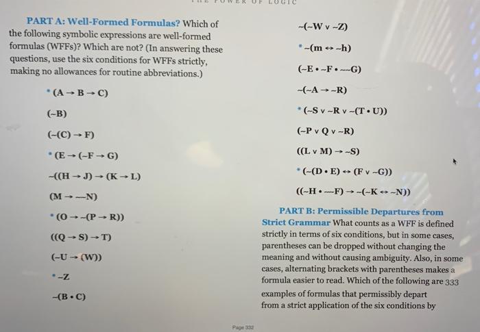 Solved -(-Wv - Z) PART A: Well-Formed Formulas? Which of the | Chegg.com