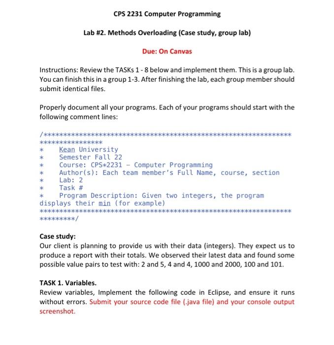 Solved CPS 2231 Computer Programming Lab #2. Methods | Chegg.com