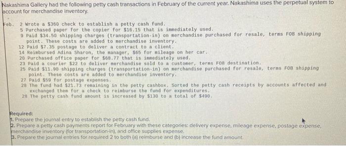 Solved Nakashima Gallery had the following petty cash | Chegg.com