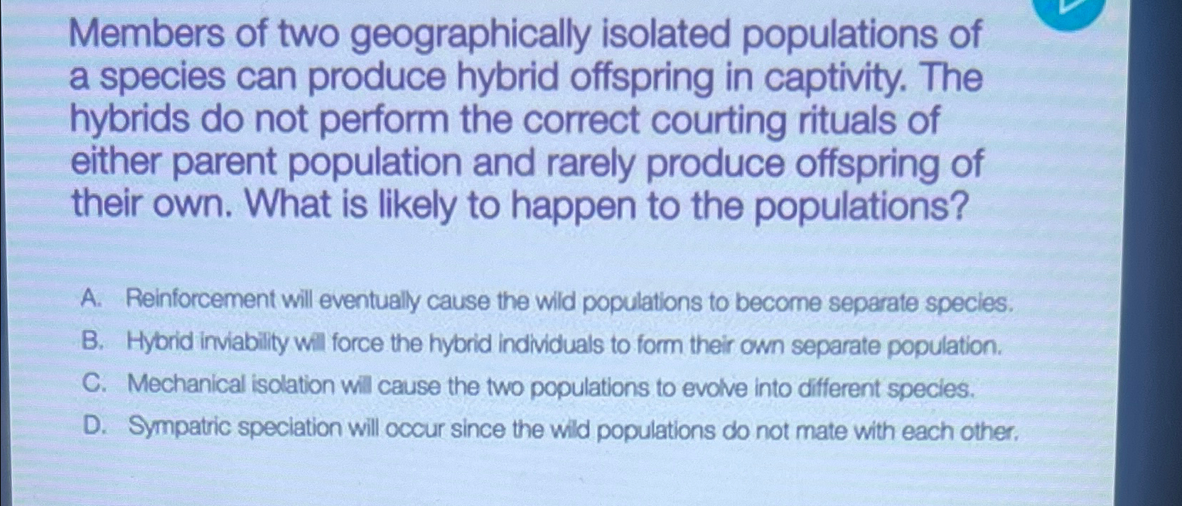 Solved Members of two geographically isolated populations of | Chegg.com