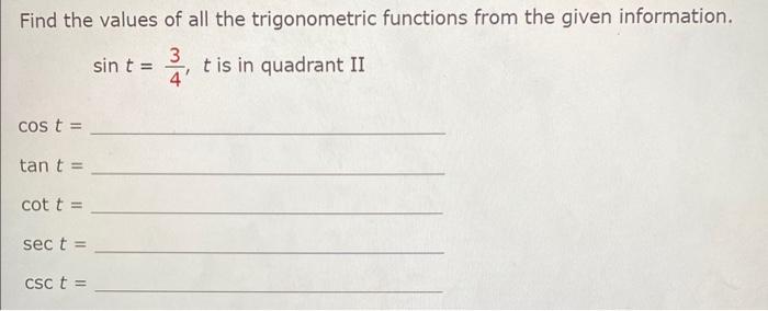 Solved Find the values of all the trigonometric functions | Chegg.com