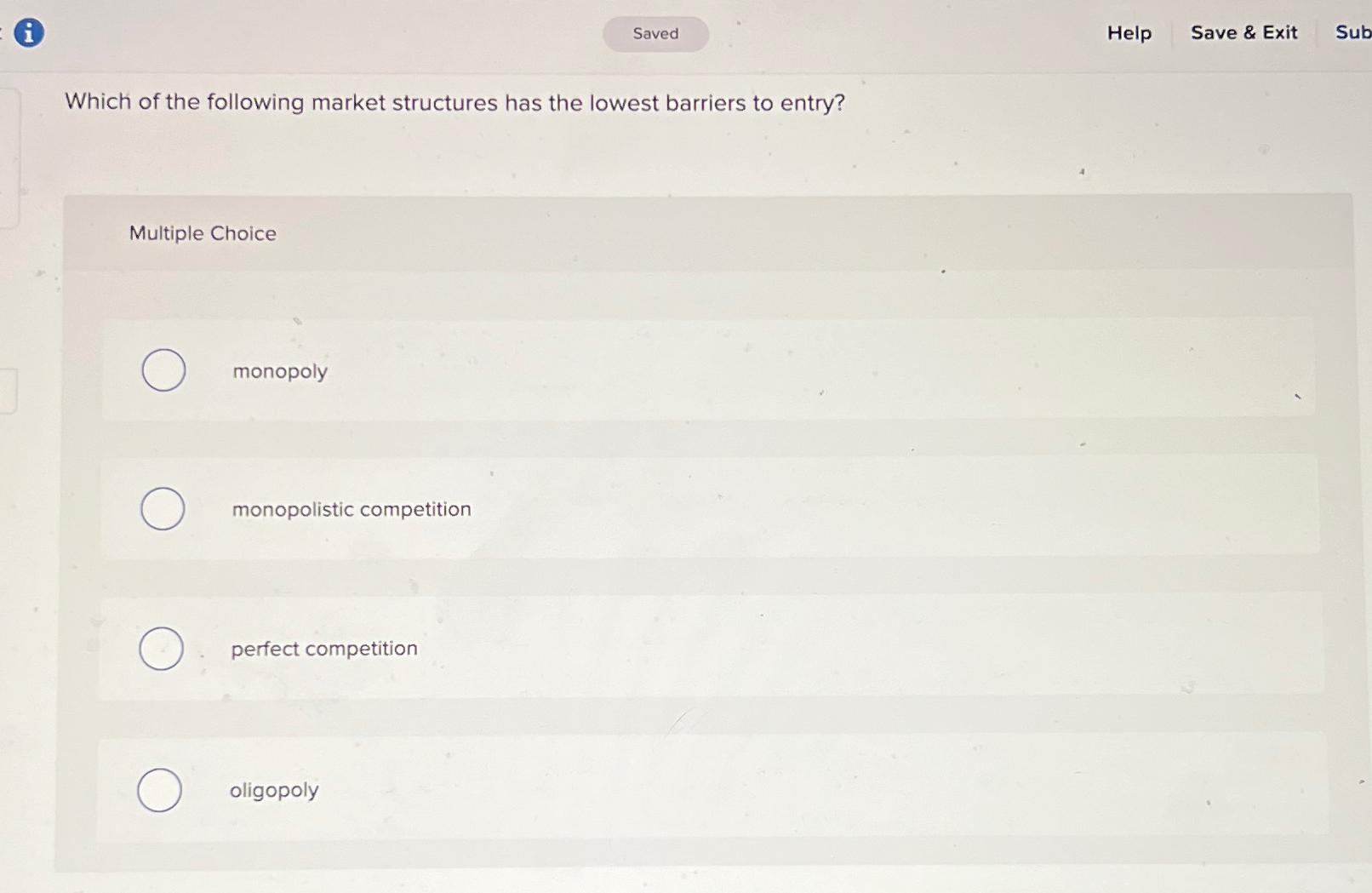 Solved (i)HelpSave & ExitWhich of the following market | Chegg.com