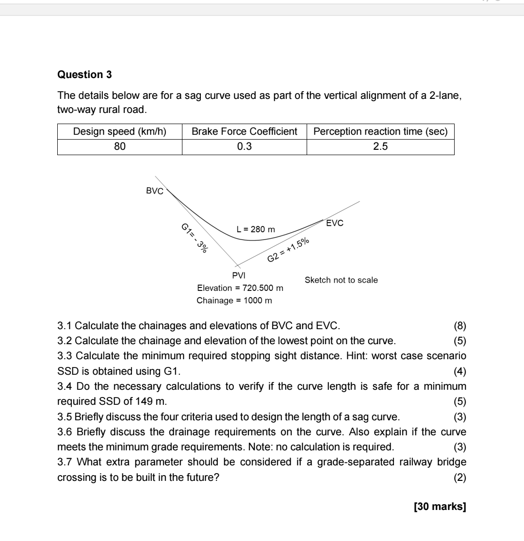 Solved Question 3The details below are for a sag curve used | Chegg.com