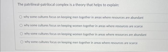 The patrilineal-patrilocal complex is a theory that | Chegg.com