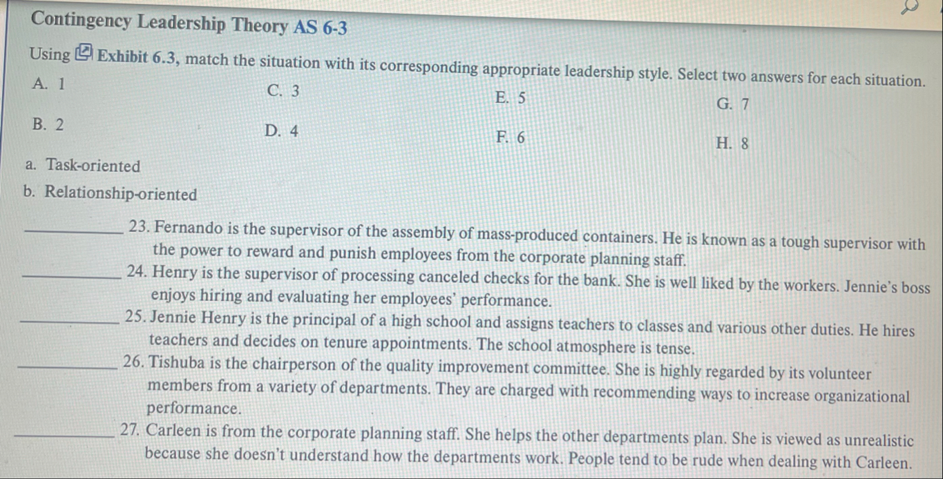 Solved Contingency Leadership Theory AS 6-3Using Exhibit | Chegg.com