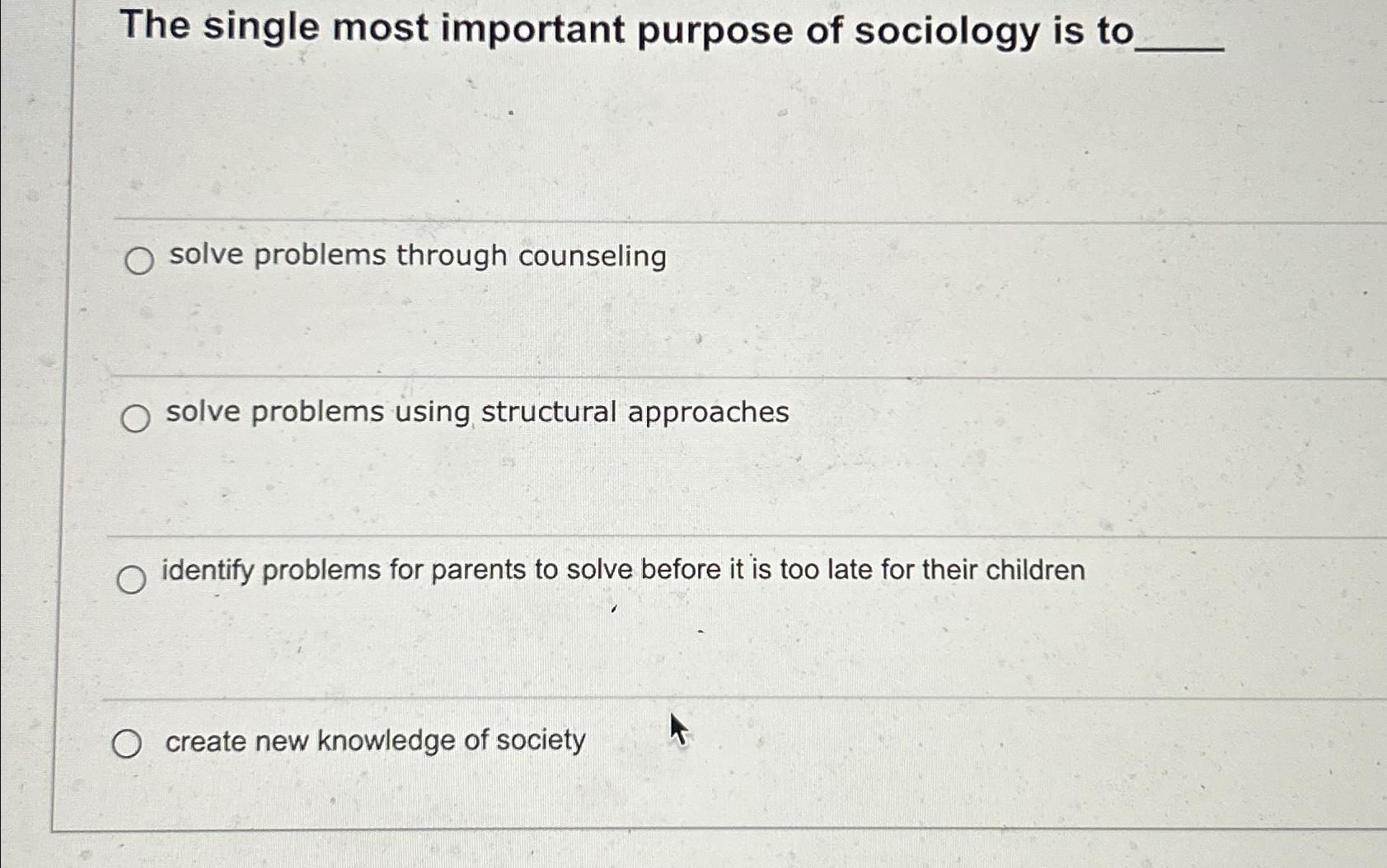 Solved The single most important purpose of sociology is | Chegg.com