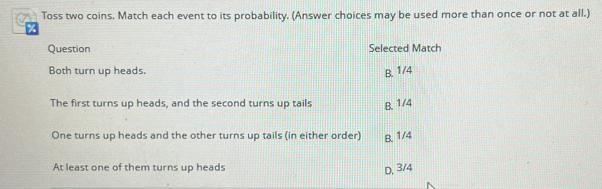 Solved Toss two coins. Match each event to its probability. | Chegg.com