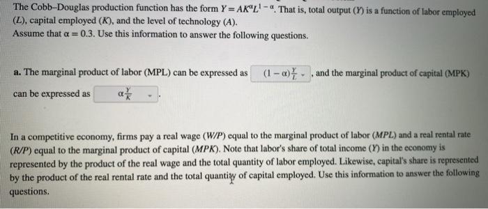 Solved The Cobb-Douglas production function has the form Y = | Chegg.com