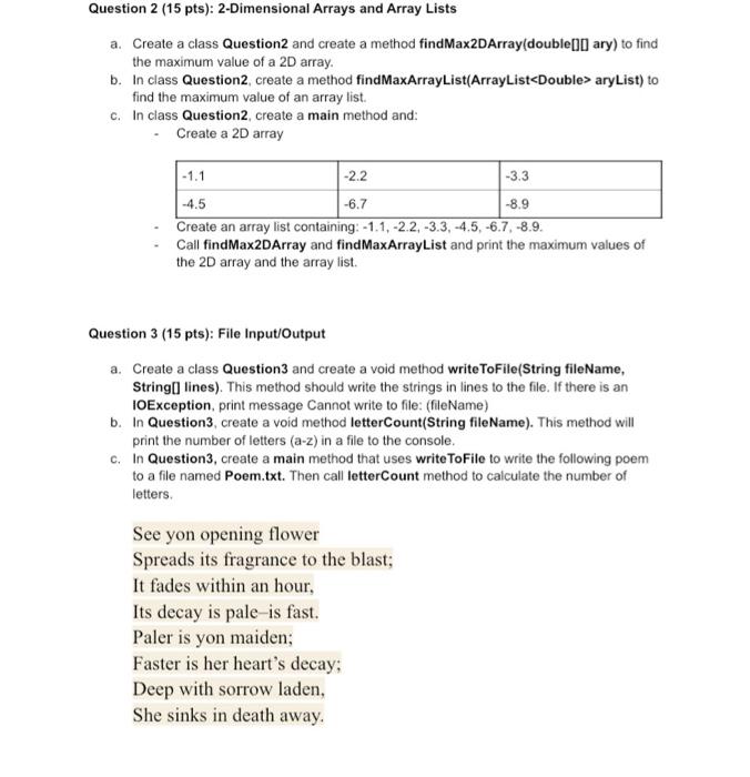 Solved Question 2 (15 pts): 2-Dimensional Arrays and Array | Chegg.com