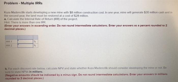 Solved Problem - Multiple IRRS Koza Madencilik starts | Chegg.com