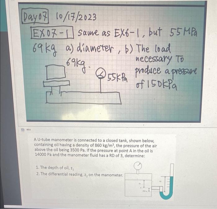 Solved A U-tube manometer is connected to a closed tank, | Chegg.com