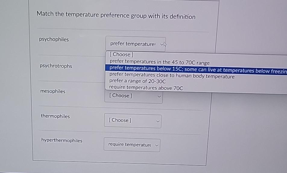 Solved Match the temperature preference group with its | Chegg.com