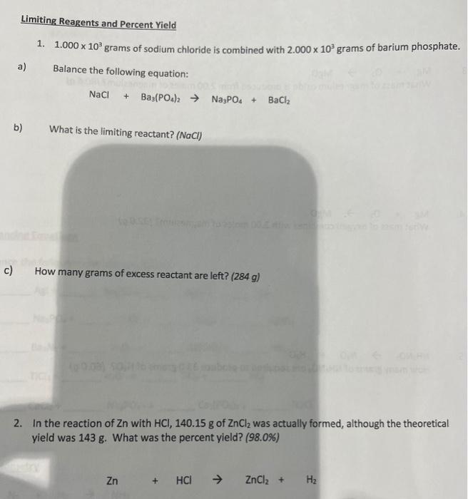 Solved Limiting Reagents and Percent Yield 1. 1.000×103 | Chegg.com