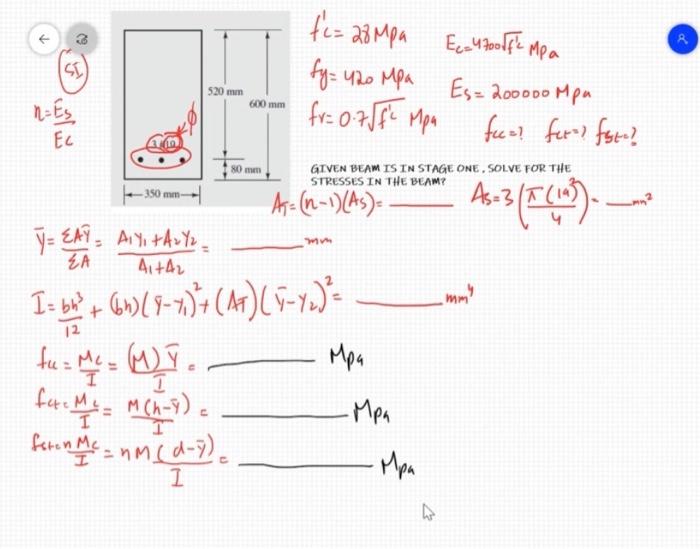 Solved fc= 28 Mpa 3 R EИ Ec="zoodle • MPa ST) 520 mm fy= 420 | Chegg.com
