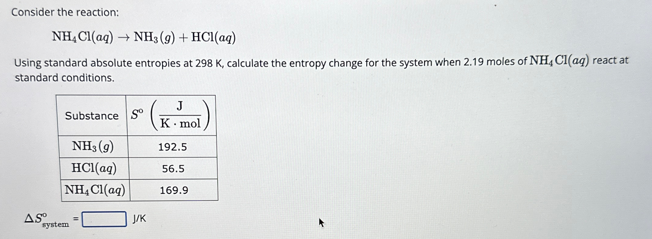 Solved Consider the reaction:NH4Cl(aq)→NH3(g)+HCl(aq)Using | Chegg.com