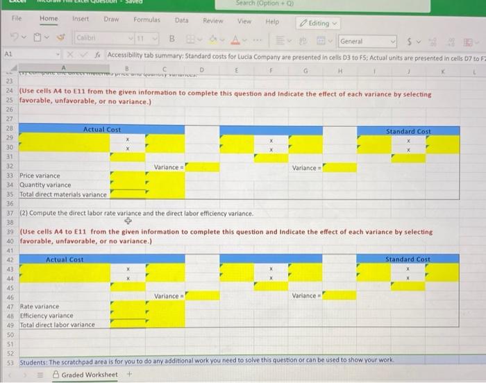 Solved A1 fx. Accessibility tab summary: Standard costs for | Chegg.com