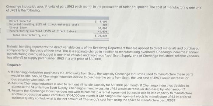 Solved Chenango Industries uses 14 units of part JR63 each | Chegg.com