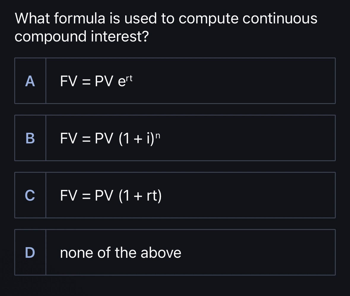 Solved What formula is used to compute continuous compound | Chegg.com