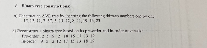 Solved 6. Binary tree constructions: a) Construct an AVL | Chegg.com