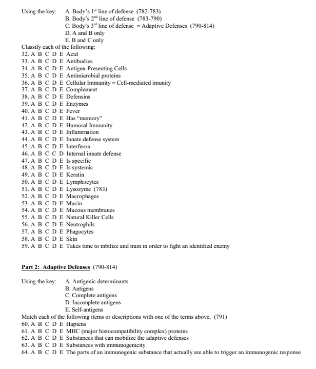 Solved Using the key:A Body's 1" ﻿line of defense | Chegg.com