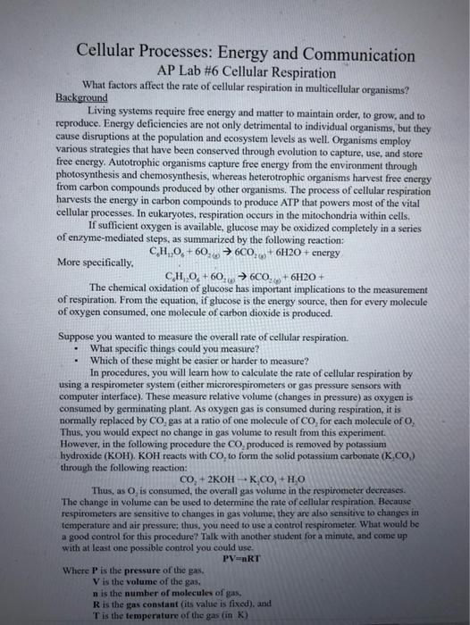 Cellular Processes: Energy and Communication AP Lab | Chegg.com