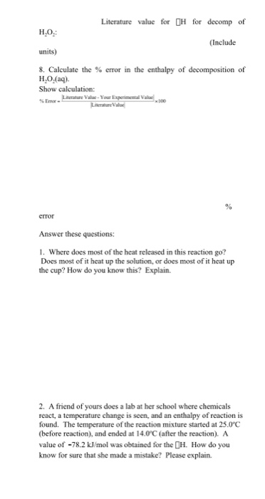 Enthalpy of Decomposition of Hydrogen peroxide lab | Chegg.com