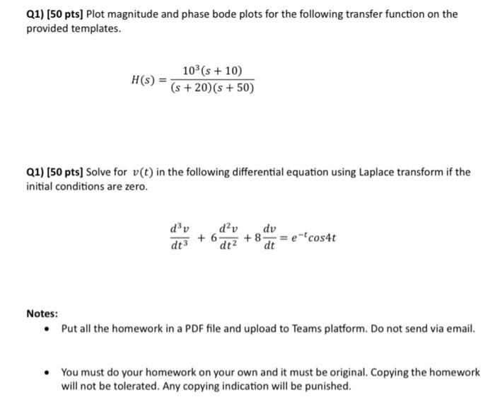Solved Q1) [50 pts] Plot magnitude and phase bode plots for | Chegg.com