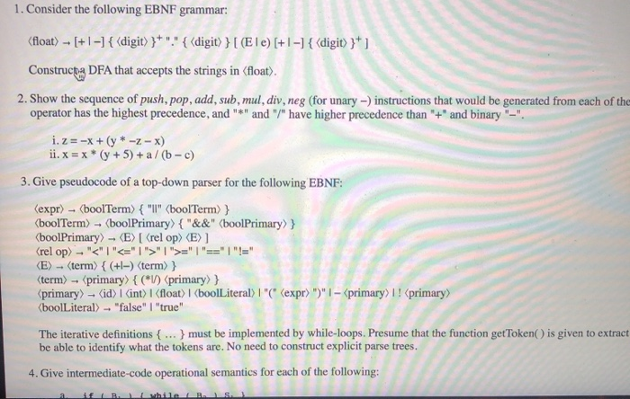 1. Consider the following EBNF grammar: (float) - [+1 | Chegg.com