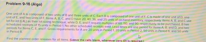Solved Problem 9-16 (Algo) One unit of A is composed of two | Chegg.com